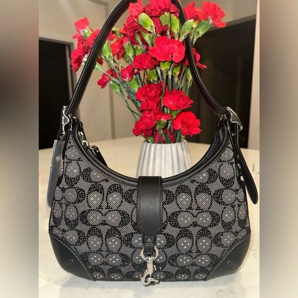 Coach | Bags | Coach Hampton Black Crystal Signature Jacquard Shoulder ...